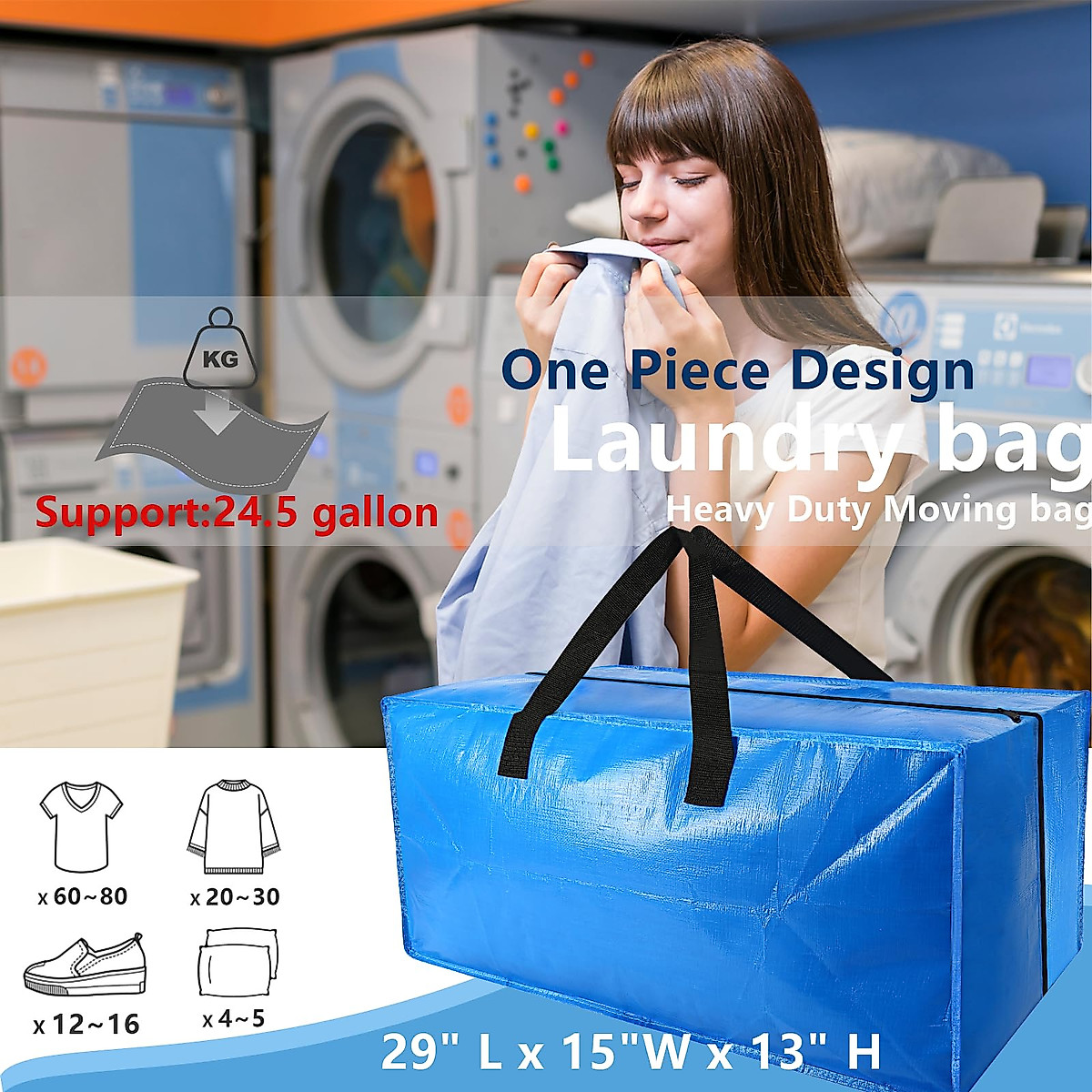 Moving Boxes Heavy Duty Extra Large Storage Bags, Blue Moving Bags Totes with Zippers for Clothing Blanket Storage, Dorm College Supplies, Clothes Storage Bins Compatible with Ikea Frakta Cart, 4 Pack