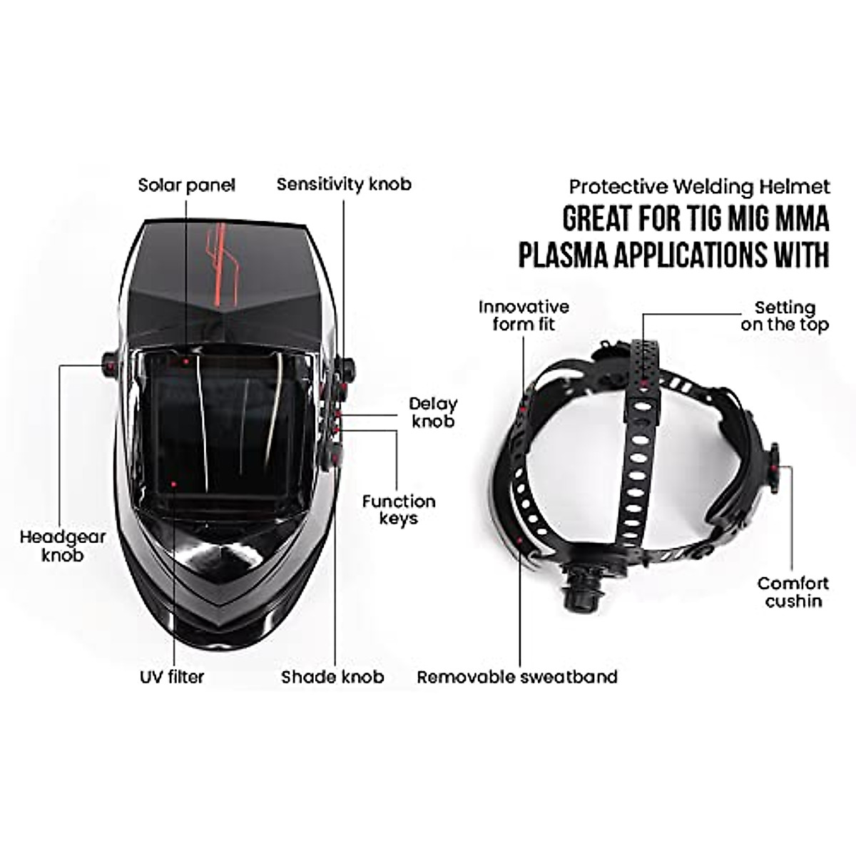 Arc Union Large Viewing Screen Welding Helmet 3.94"X3.66" - RFC Series True Color Solar Power Auto Darkening Welder Mask - Wide Shade 5/9-9/13 for TIG MIG Arc Weld Grinding Hood, Black