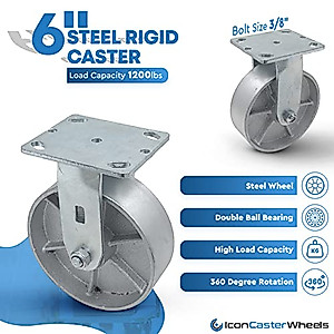 IconCasterWheels 6" x 2" Steel Heavy Duty Caster, Set of 4 Industrial Casters | 2 Swivel Top Lock Brake Caster & 2 Rigid Top Plate Caster | Top Plate 4 x 4.5", Load Capacity 4,800 lbs per Set (4-Pack)