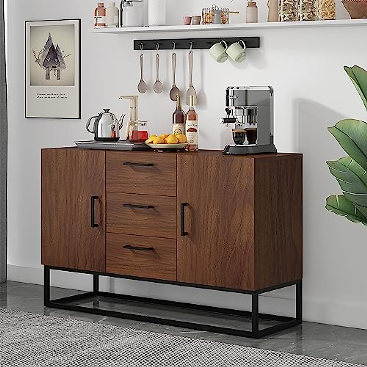 Bonzy Home Buffet Sideboard Cabinet with 3 Drawers & 2-Door and Adjustable Shelves 47 Inch Modern Coffee Bar Cabinet for Living Room Entryway Dinning Room