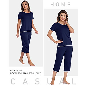 JINSHI Ladies Jammies Cooling Pj's Short Sleeve And Capri Pants with Pockets for Girlfriend Womens Pajamas Summer Navy S