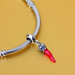 Red Italian Horn Charm Pendant, 925 Sterling Silver Italy Corno Chili Pepper Dangling Bead, Fit Pandora Style Bracelet Necklace, Lucky Gift for Valentines Day/Mum/Dad