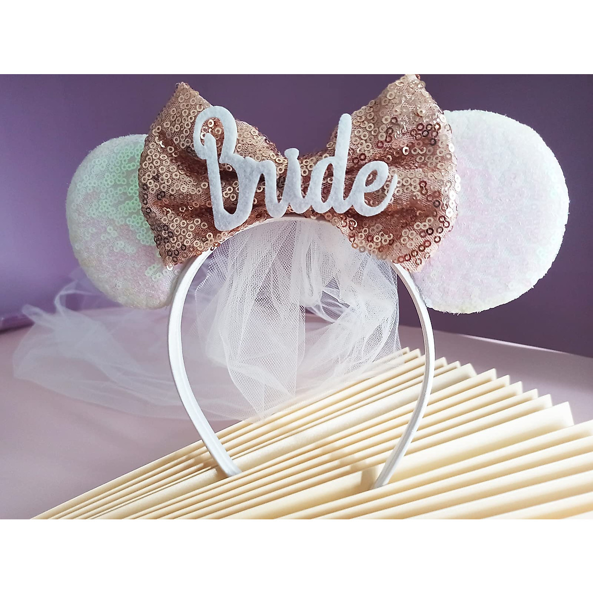 MapleLeaf Bride To Be Minnie Ears Headband, White Bridal Veil, Honeymoon Ears for Engagement Party or Bachelorette (White)