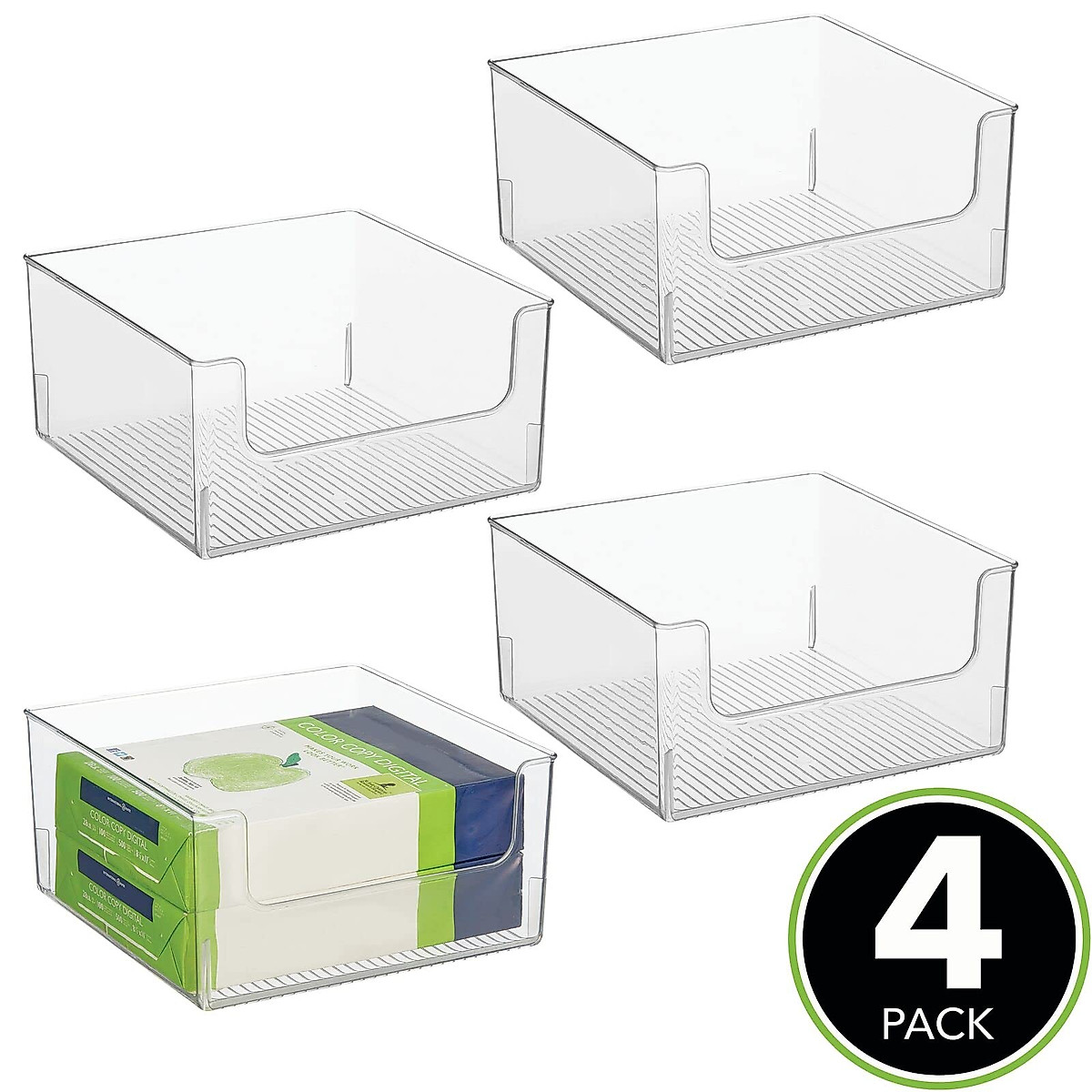 mDesign Modern Wide Plastic Open Front Dip Storage Organizer Bin Basket for Home Office Organization - Shelf, Cubby, Cabinet, and Closet Organizing Decor - Ligne Collection - 4 Pack - Clear