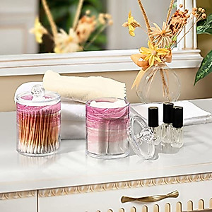 BOENLE 2 Pack Qtip Holder Dispenser Marble Pink Rose Gold Bathroom Storage Canister Lid Acrylic Plastic Apothecary Jar Set Vanity Makeup Organizer for Cotton Swab/Ball/Pad/Floss