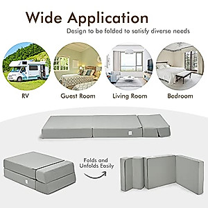COSTWAY Triple Fold Down Sofa Bed, 3-in-1 Fold Floor Couch Lounge Sleeper with Thick Cushion, Flock Fabric, Convertible Design, Portable Single Guest Bed Mattress for Living Room Bedroom (Grey)