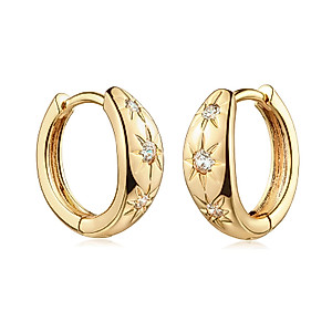 MYEARS Women Starburst Earrings Gold Huggie Hoop Triple Stars Diamond Cubic Zirconia 14K Gold Filled Small Simple Handmade Hypoallergenic Everyday Jewelry