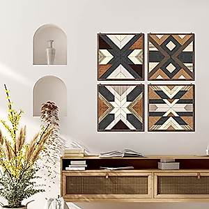 Qunclay 4 Pieces Wood Wall Art Wooden Aztec Wall Decor Boho Western Wall Decor Diamond Sign Farmhouse Home Wall Art Prints on Wood for Apartment Bedroom Living Room, 11.8 x 11.8 Inches