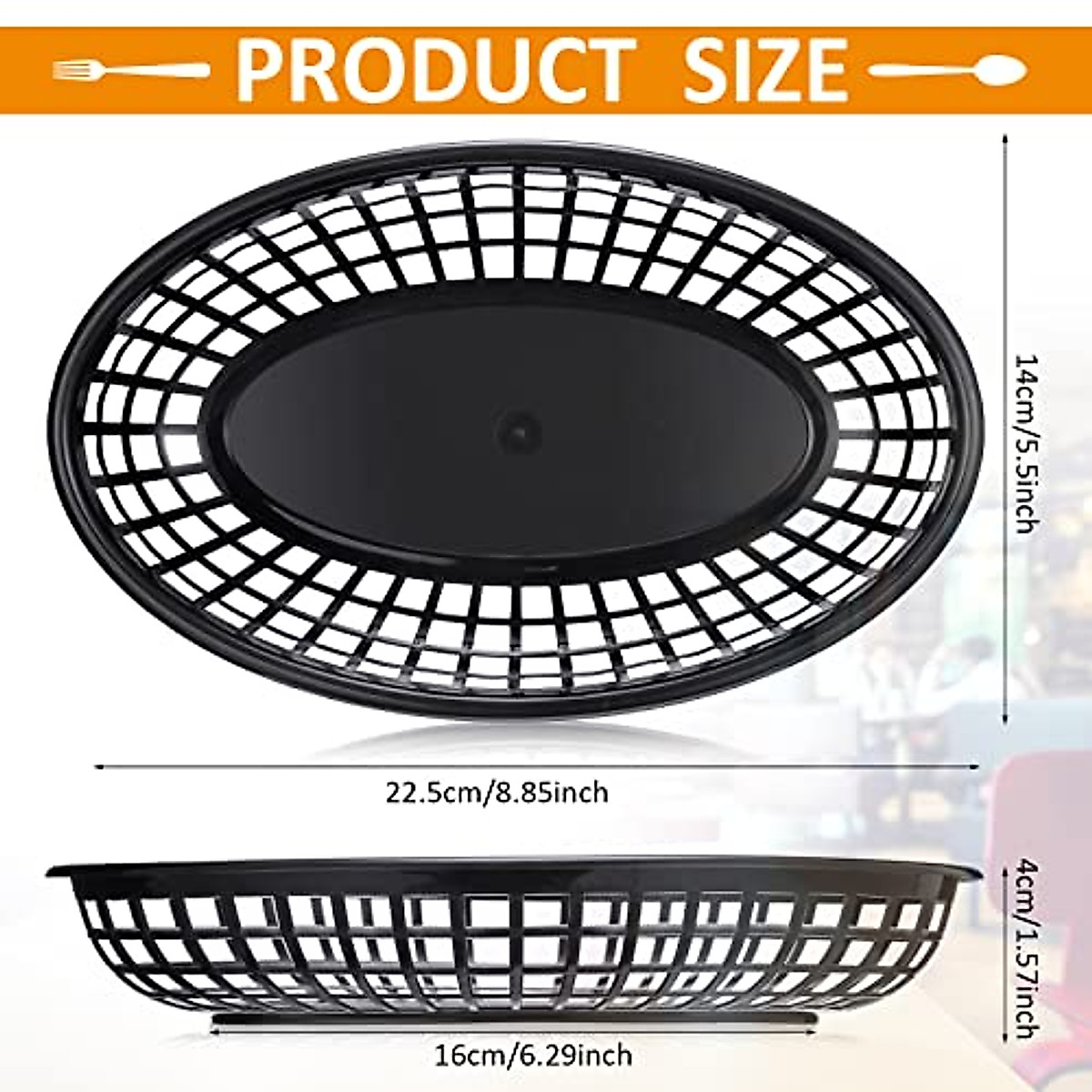 Fast Food Baskets 100 Pcs 8.9 x 5.5 Inch Plastic Baskets for Food Oval Fry Basket Black Chip Basket Reusable Bread Baskets Fry Oval Serving Tray for Restaurant Supplies Hot Dog Deli Serving Chicken