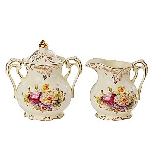 YOLIFE Ceramic Sugar and Creamer Set, Vintage Ivory Flowering Shrubs Golden Leaves Edge Porcelain Creamer Sugar Bowl with Lid Coffee Server Set Gifts