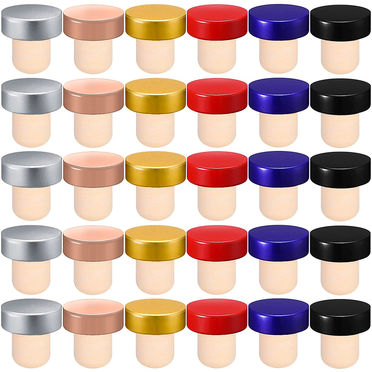 30 Pcs T Shaped Wine Stoppers Bottle Cork Plugs Reusable Wine Sealing Stopper Bulk for Wine Beer Glass Bottles Christmas Party DIY Craft Supplies (Gold, Silver, Rose Gold, Black, Blue, Red,30 Sets)