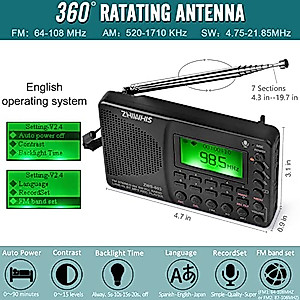 ZHIWHIS Portable Bluetooth Radio, FM AM Shortwave Radios with Sleep Timer and Preset Function, Rechargeable Digital Recorder, Stereo MP3 Player with Lyric Display, Support Micro SD Card and AUX