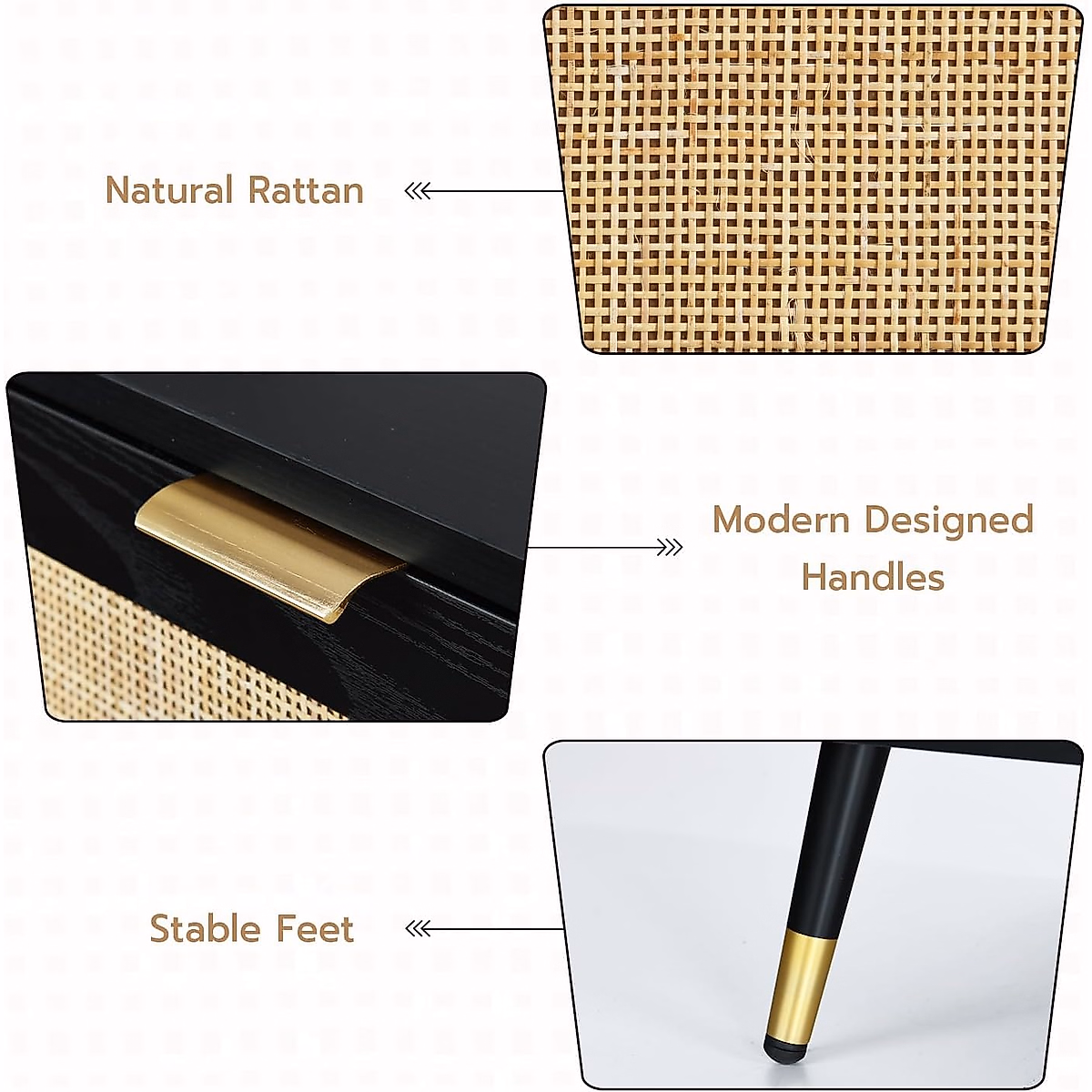 REVOMINCA Rattan 6 Drawer Dresser, Modern Boho Dresser for Bedroom, Rattan Chest of Drawers with Gold Handles & Legs, Modern Dressers for Bedroom, Black Rattan Dresser for Living Room and Hallway