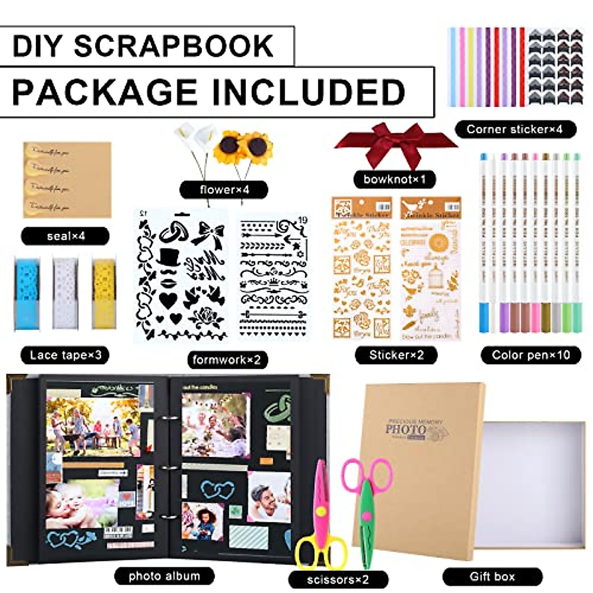 amassan Photo Album Scrapbook 60 Pages Hardcover 8.5 x 11 Inch with Scrapbook Supplies kit, 3 Rings Black Paper Memory Album for Wedding, Family