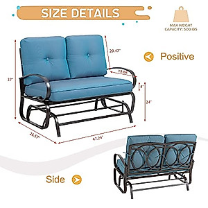 JY QAQA Outdoor Patio Metal Glider Rocking Bench, Garden Porch Furniture Glider, Wrought Iron Chair Set with Cushion, Blue