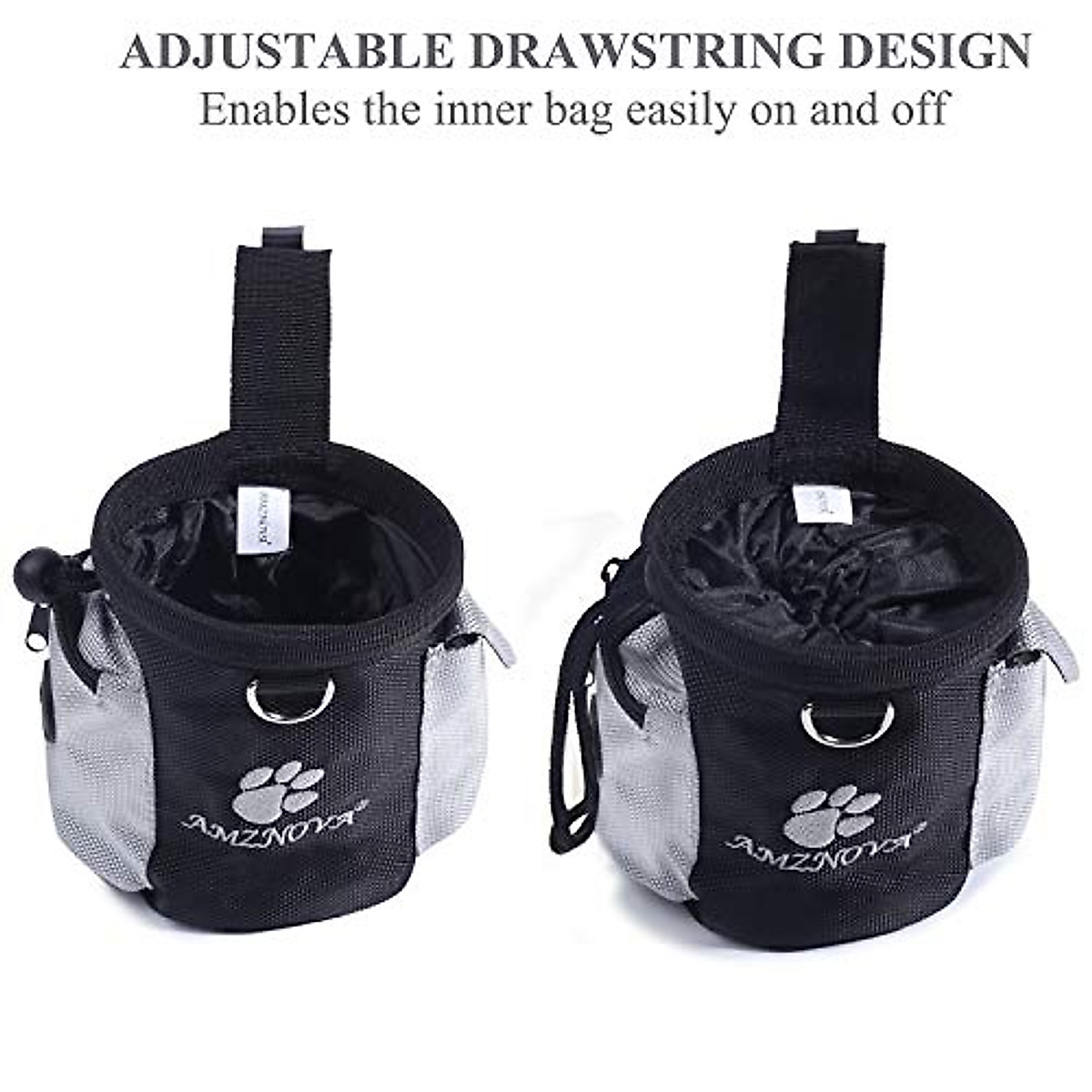 AMZNOVA Dog Treat Bag, Puppy Training Pouch, Animal Walking Snack Container Best Hiking Toys Pack Dispenser Carries with Waistband, Black