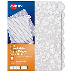 Avery Insertable Style Edge Plastic Dividers for 3 Ring Binders, 8-Tab Set, Assorted White Frosted Designs, 1 Set (11291)