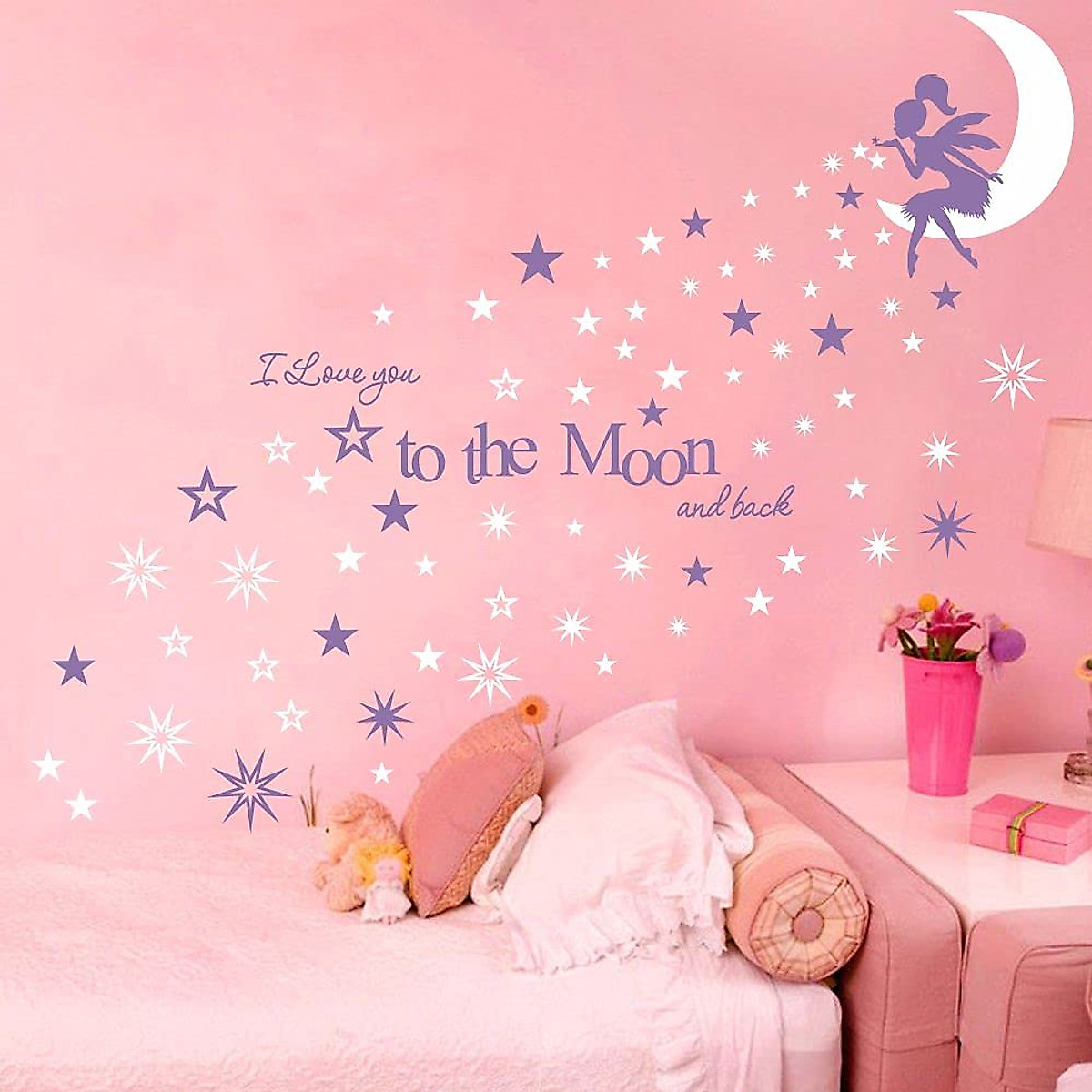 ANFRJJI Fairy Wall Decal "I Love You to The Moon and Back" Fairy Wall Sticker White moon and stars and purple elf fairy text and stars for Girl, Kids Bedroom Wall Decals, Nursery Decor JWH165 (purple