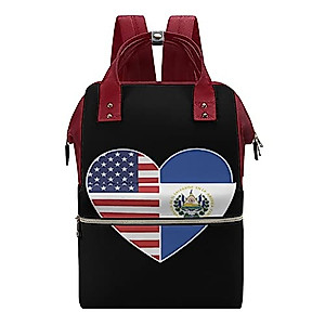 El Salvador and America Flag Heart Diaper Bag Backpack Large Capacity Mommy Bags Multifunction Nappy Bag Travel Back Pack Red-Style