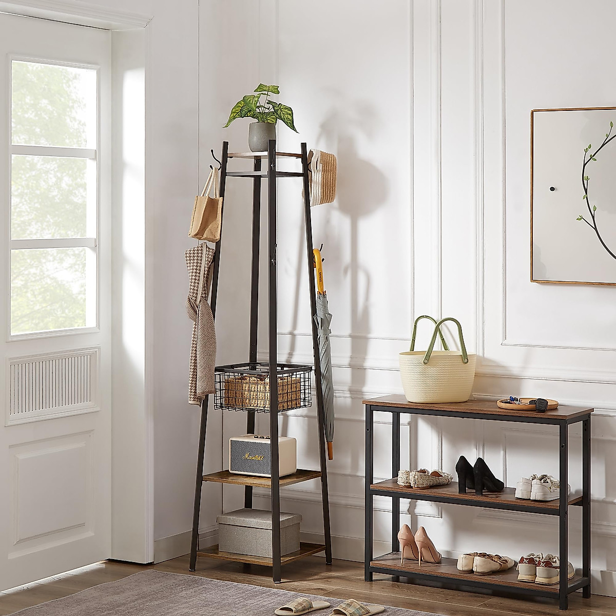 VECELO Coat Rack Freestanding, Entryway Clothes Stand with Metal Basket and 2 Shelves, Upgrade Hall Trees with 8 Dual Hooks for Bags, Hats, and Umbrellas, Industrial Styles, Vintage Brown+ Black