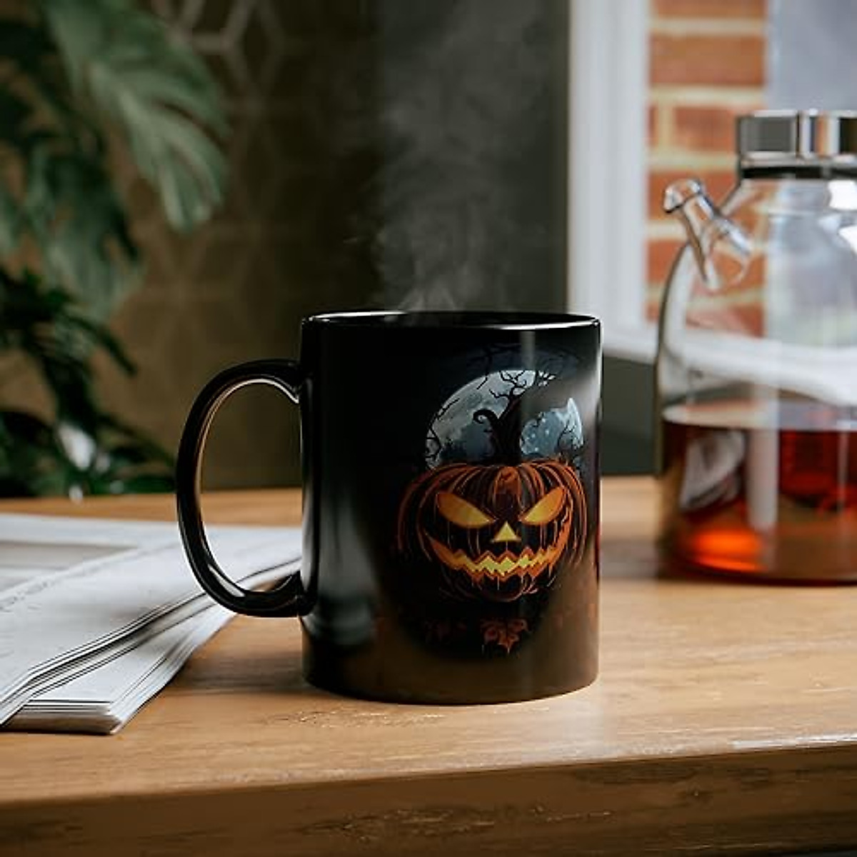 ATMTEE Halloween Night With Haunted Tree and Pumpkins Black Mug 11oz, Funny Gifts for Mens, Womens, Kids (11oz, Black)