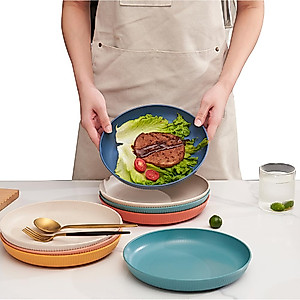 HXYPN 12 PACK 9 Inches Deep Dinner Plates Plastic Plates Reusable Unbreakable Kitchen Plate Sets Dishwasher and Microwave Safe Plates Wheat Straw Plates