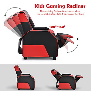 HONEY JOY Kids Recliner, Youth Game Reclining Chair w/Headrest & Back Pillow, Upholstered Leather Lounge Chair for Boys Girls, Manual Adjustable Toddler Single Sofa Chair for Living Room (Red)