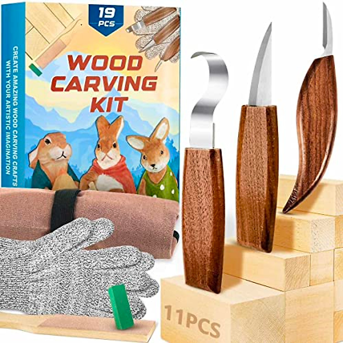 Wood Carving Kit, 19PCS Wood Carving Tools for Beginners Whittling Kit with 3PCS Whittling Knife 11PCS Basswood Blocks & Strop Block & Gloves & & Polishing Compound Wood Carving Set Hobbies for Adults