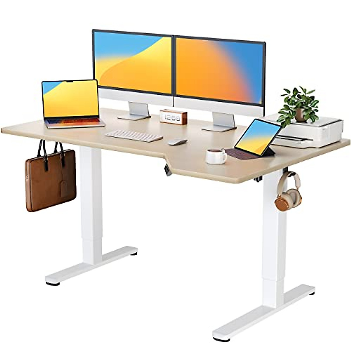ErGear L Shaped Height Adjustable Electric Standing Desk 57" Corner Standing Desk Sit Stand Desk with Splice Board Ergonomic Desk Home Office Desk Computer Workstation, Natural
