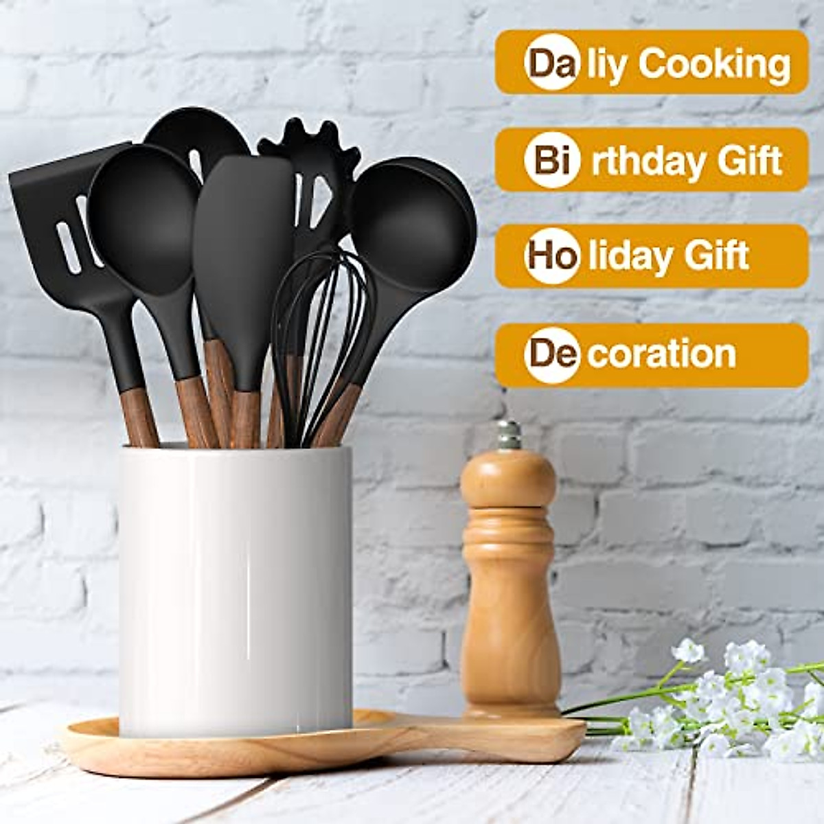 Silicone Cooking Utensil Set, Umite Chef 8-Piece Kitchen Utensils Set with Natural Acacia Wooden Handles,Food-Grade Silicone Heads-Silicone Kitchen Gadgets Set for Nonstick Cookware- Black