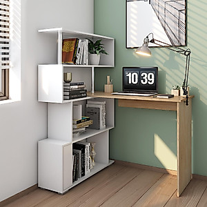 Mondeer 41.7" L Shaped Desk with 4-Tier Storage Shelves, Computer Corner Desk for Study Home Office Living Room (Oak and White)