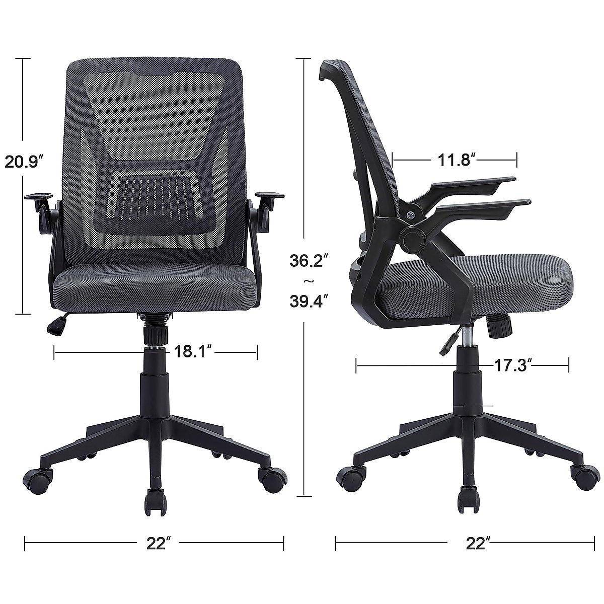 VECELO Mid-Back Swivel Ergonomic Office Chair with Adjustable Arms, Mesh Lumbar Support for Computer Task Work, Gray