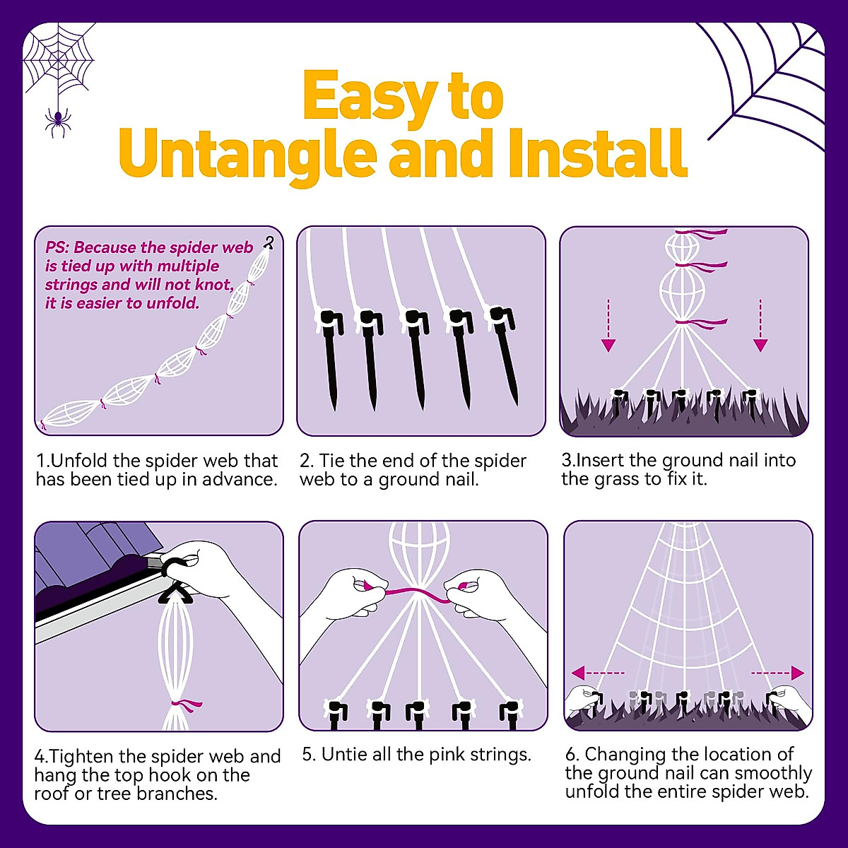 Halloween Decorations Spider Webs with 135 Purple Lights, 200" Triangular Huge Web, One Huge Spider, 20pcs Small Spiders and Extra Fiber for Outdoor Yard Decors