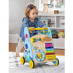 Baby Shark Toys Wooden Baby Walker - Baby Walkers for Girls and Boys - First 1st Birthday Gifts for Toddlers | Walker for Baby Girl Boy Learning to Walk Activity Center, by Pidoko Kids