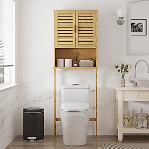 JoanKaren Over The Toilet Storage Cabinet,Bamboo Bathroom Cabinet with Adjustable Shelf and Doors,Freestanding Above Toilet Shelf for Bathroom,Space-Saving Toilet Rack