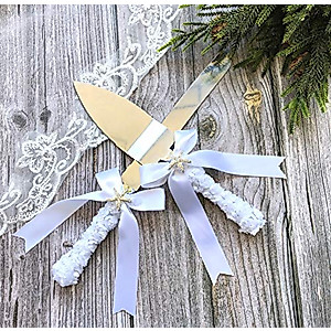 Abbie Home Wedding Cake Knife and Server Set - Flower Wrapped Handle with Silk Bow and Rhinestone Jewelry Décor (Starfish)