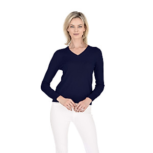 Cashmeren Women’s Essential Knit V-Neck Sweater 100% Merino Wool Long Sleeve Classic Pullover (Navy, Large)