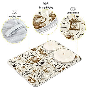 Coffee Dish Drying Mat for Kitchen Counter,Funny Coffee House Coffee Cup Spill Coffee Maker Microfiber Absorbent Dish Drainer/Rack Pads Heat Resistant Drying Mat Kichen Sink Accessories 16"x18" Beige
