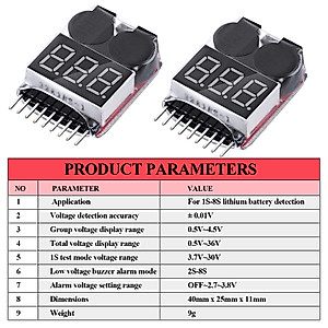 10 Pieces 2-in-1 Lipo Battery Voltage Tester Low Voltage Buzzer Alarm Battery Capacity Indicator Monitor for 1-8s Battery