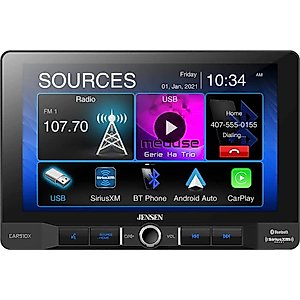 Jensen CAR910X Multimedia 9" Receiver with Apple CarPlay and Android Auto, 1024x600 Resolution, 500 cd/m2 Brightness, 500:1 Contrast Ratio, Back-up Camera Input, Front and Rear USB Inputs