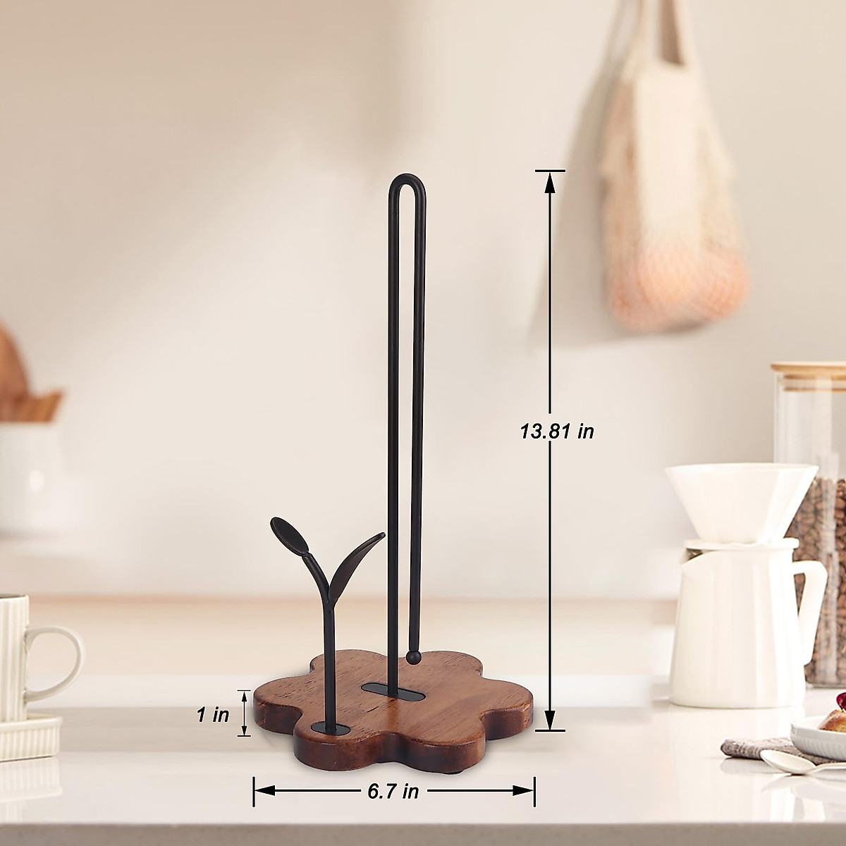 IEBIYO Paper Towel Holder Stand Kitchen Roll Holder Simply Tear Wooden Paper Towel Organizer Non-Slip Wooden Bottom Roll Paper Dispenser Countertop Paper Hanger Rack Kitchen Decoration (Black)