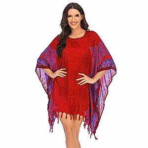 Padaleks Women's Boho Floral Silky Vintage Loose Dress Top Casual Crew Neck Baggy Kaftan Dresses Beach Cover up