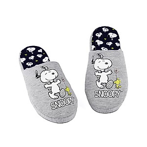 PEANUTS Snoopy Womens Slippers in Grey Marl | Ladies Snoopy & Woodstock Cartoon Footwear | Slip On House Shoes Nightwear