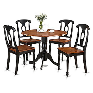 East West Furniture Dublin 5 Piece Room Furniture Set Includes a Round Dining Table with Dropleaf and 4 Wood Seat Chairs, 42x42 Inch, Black & Cherry