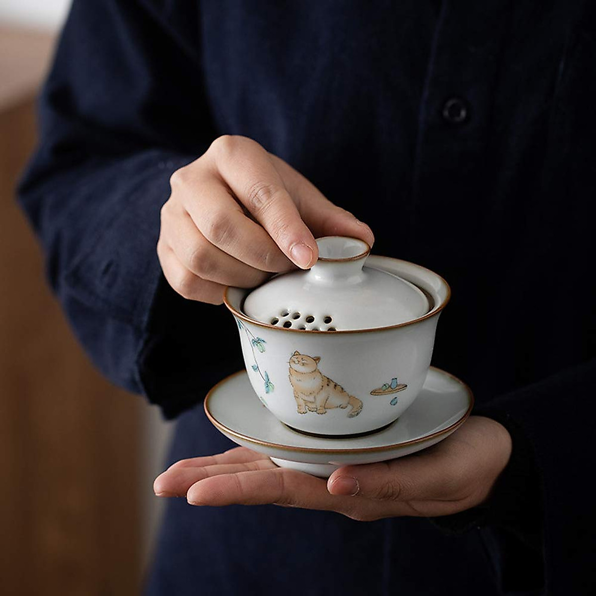 150ml Ceramic Gaiwan Filters Cat Pattern Porcelain Tureen Tea Cup Bowl Tea Set Accessories