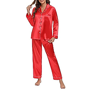HPWUZK Women's Silk Satin Pajamas Set Long Sleeve Sleepwear Soft Pjs Set Two Piece Button Down Loungewear Pj Set,Red,X-Large
