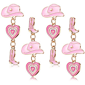 2 Pairs Cowboy Hat Earrings Cowgirl Earrings Western Jewelry Cowboy Boot Earrings Cute Jewelry Pink Heart Dangle Drop Cowgirl Jewelry Valentine's Day Gift for Women Girls Disco Country Party