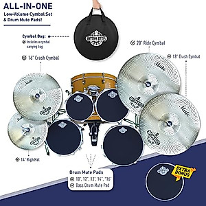Low Volume Cymbal Pack with Drum Silencer Pads | 12pcs Cymbal Set & Drum Mute Pads, Quiet Drum Set Cymbals 14"/16"/18"/20" | Drum Mute Pak 10"/12"/13"/14"/16", 1 Bass Drum Mute Pad, Free Cymbals Bag