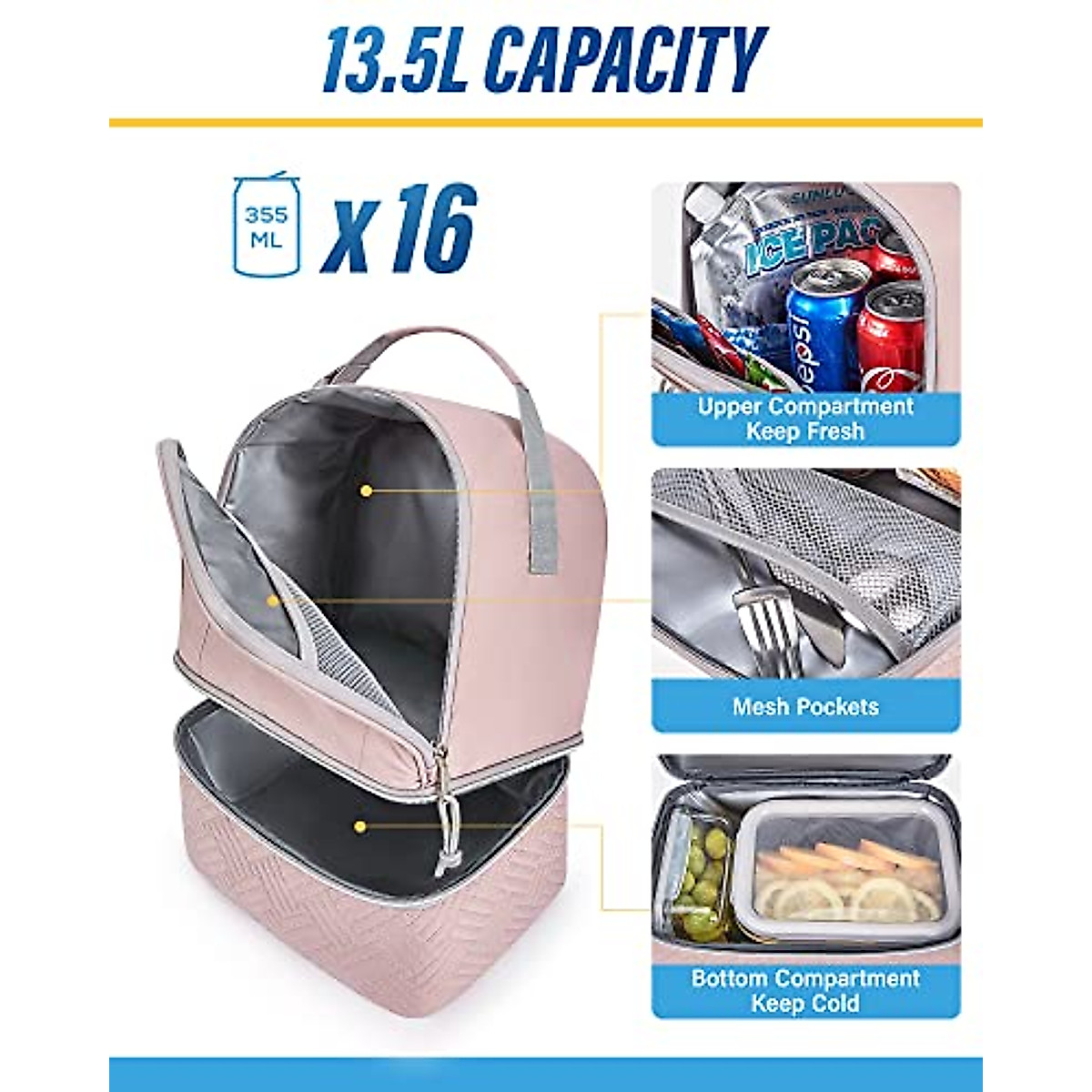 SUNLUG Large Lunch Bag for Women Insulated Lunch Box Double Deck Lunch Tote Reusable Pink Lunchbox for Office Work Picnic 13.5L