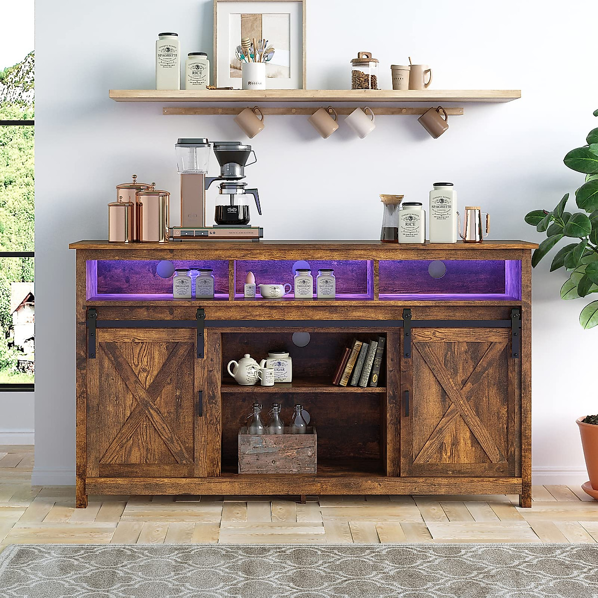 Bolonbi Farmhouse TV Stand for 65 inch TVs, Rustic Entertainment Center Cabinet with Power Outlets (Rustic Brown)